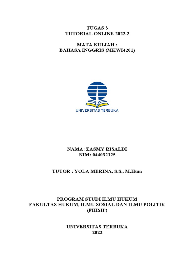 Tugas 3 Tutorial Online 2022.2 Mata Kuliah: Bahasa Inggris (Mkwi4201) | PDF | Cognitive Science ...