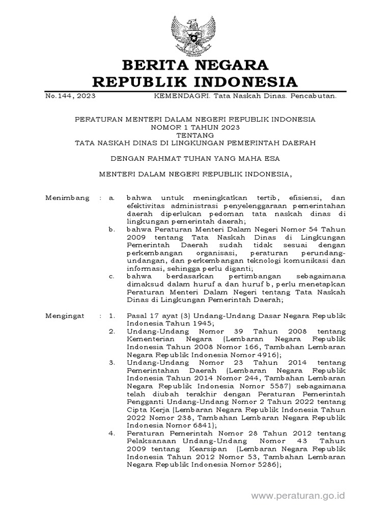 Permendagri Nomor 1 Tahun 2023 | PDF