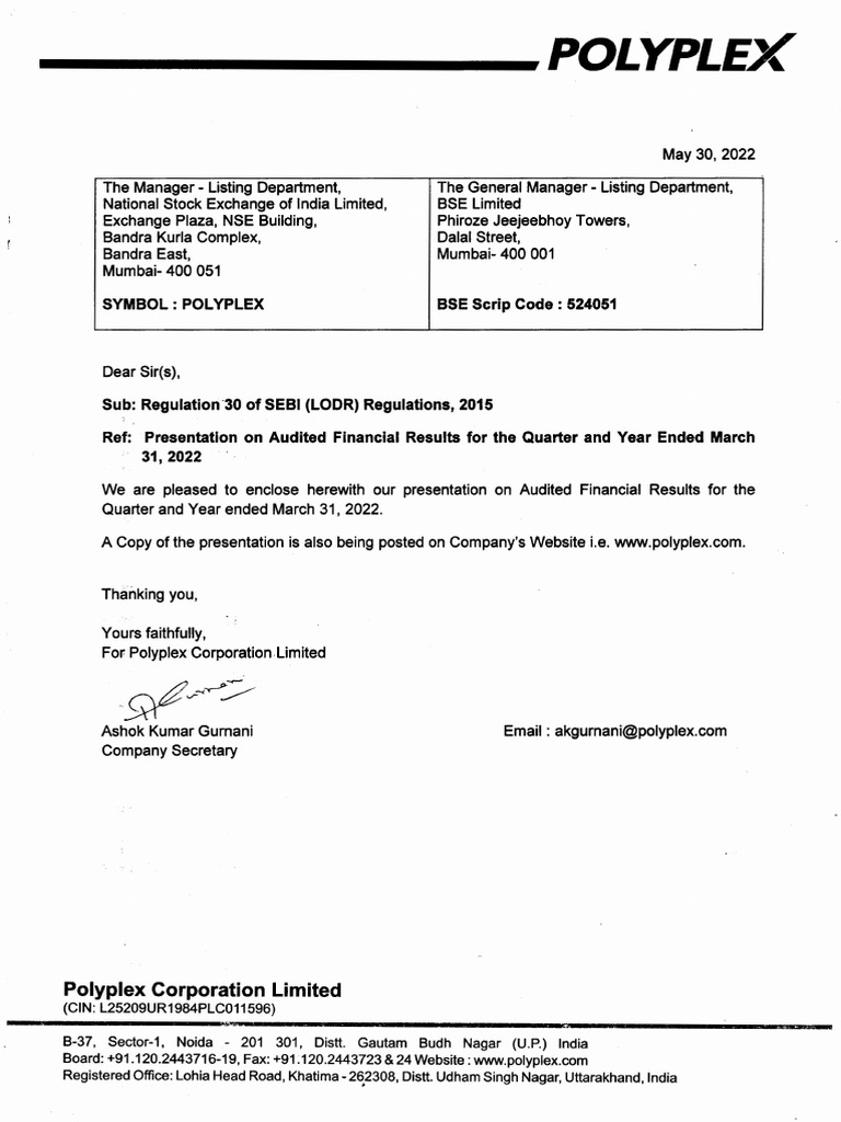 Polyple) (: Symbol: Polyplex BSE Scrip Code: 524051 | PDF | Recycling ...