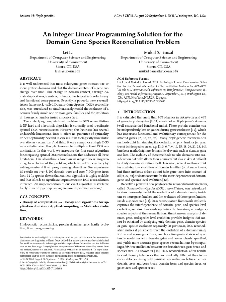 An Integer Linear Programming Solution For Domain Gene and Species Reconciliation Problem | PDF ...