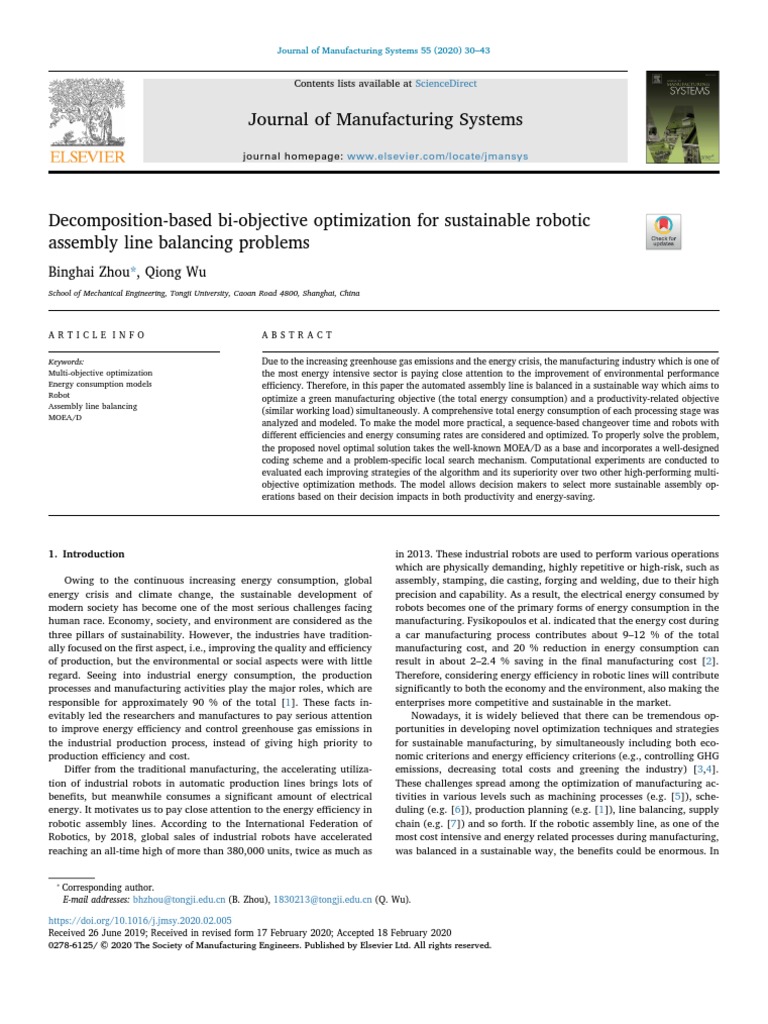 Decomposition-Based Bi-Objective Optimization For Sustainable Robotic Assembly Line Balancing ...