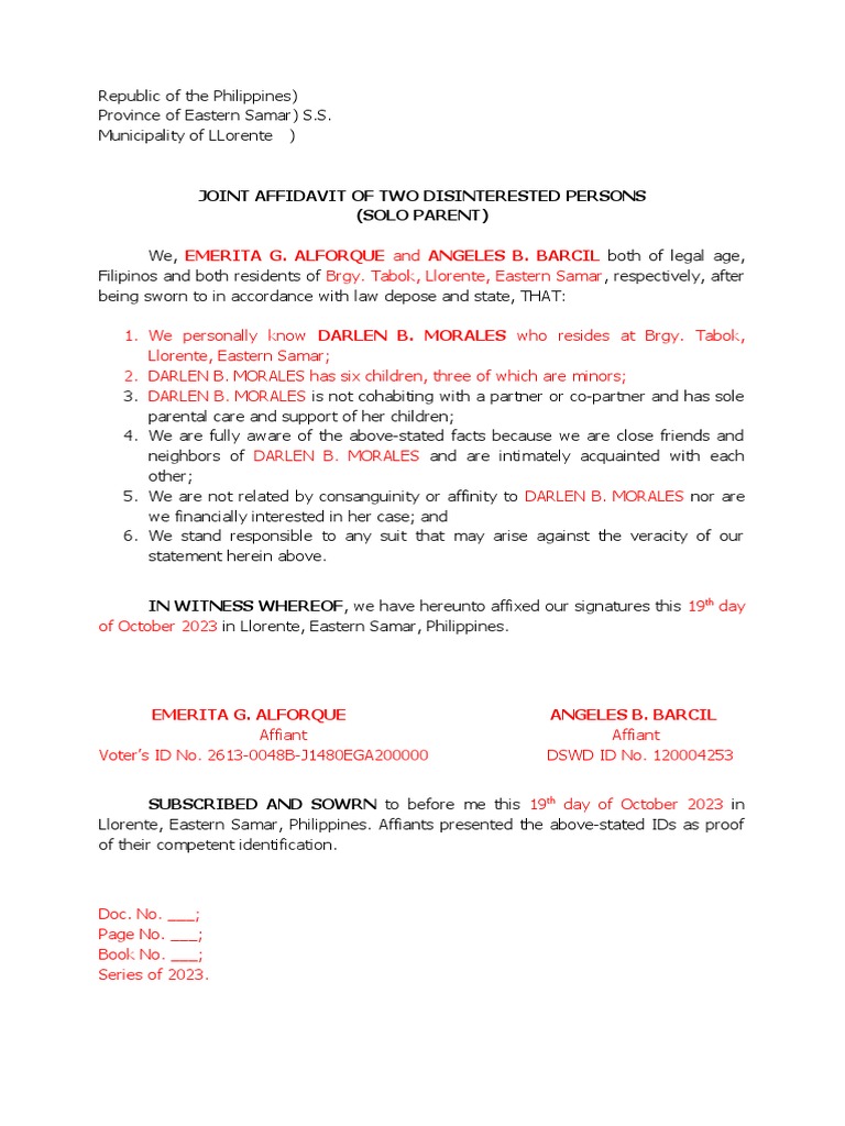 SOLO PARENT - JOINT AFFIDAVIT OF TWO DISINTERESTED PERSONS For Renewwal ...