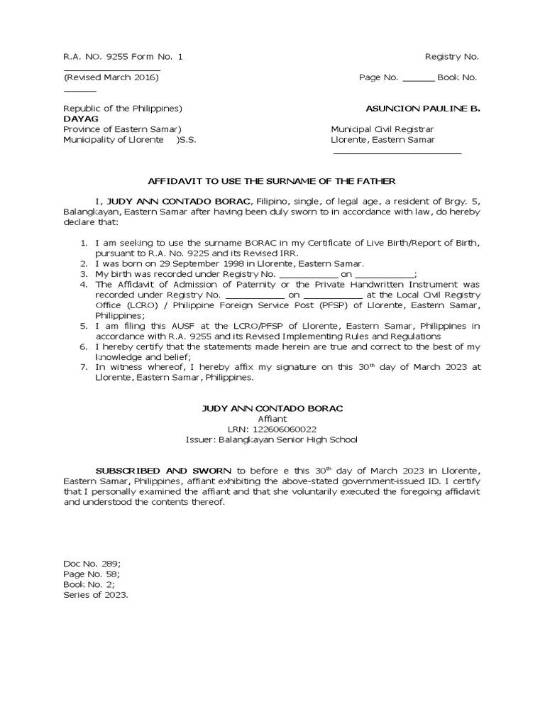 USE THE SURNAME OF THE FATHER - Applicant Affiant | PDF