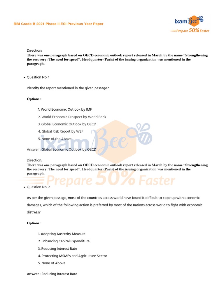 RBI Grade B 2021 Phase II ESI Previous Year Paper | PDF | Reserve Bank Of India | Economies