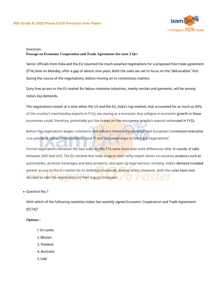 RBI Grade B 2022 Phase II ESI Previous Year Paper | PDF | Human Capital ...