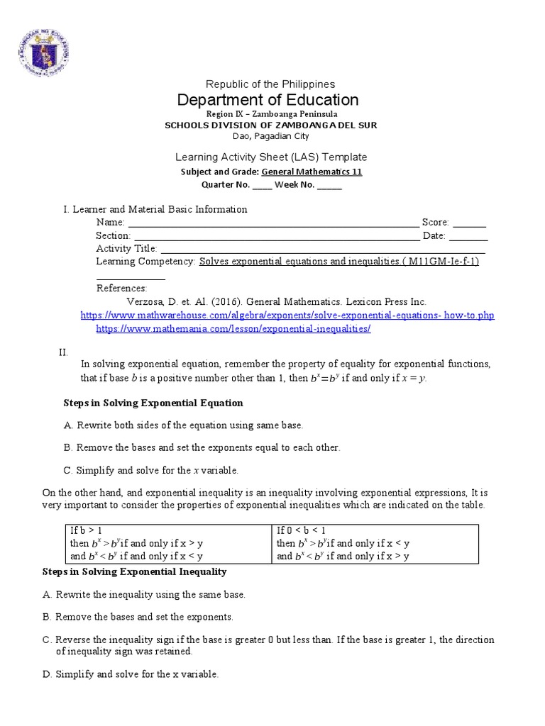 Learning Activity Sheets Template 1 | PDF | Equations | Inequality ...