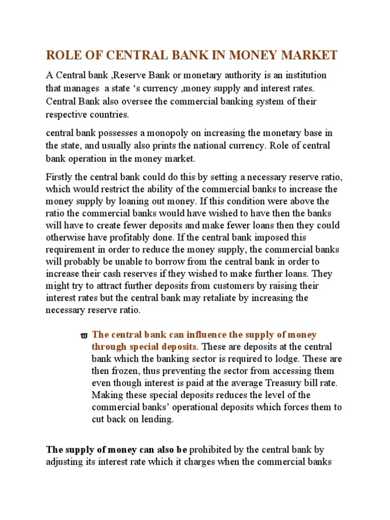 Role of Central Bank in Money Market | PDF | Money Supply | Central Banks