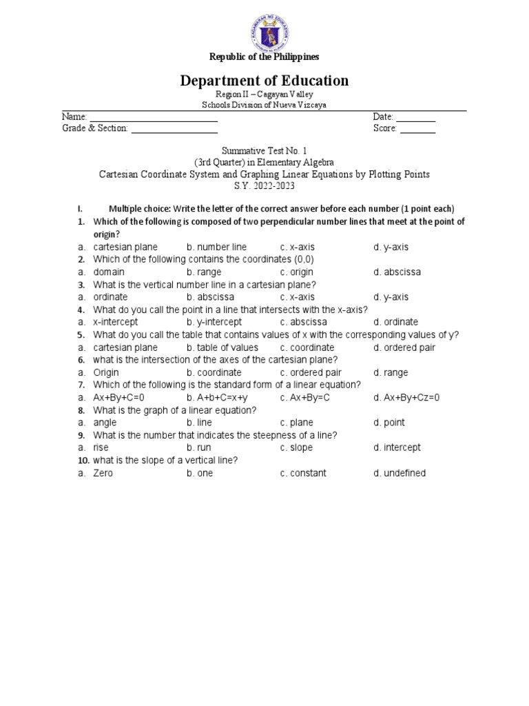 Summative Test 1 q3 EA | PDF | Cartesian Coordinate System | Plane ...