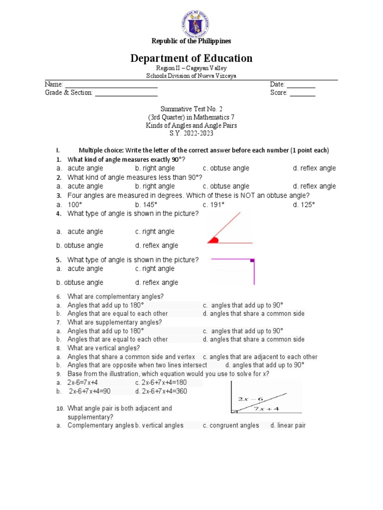 Summative Test 2 q3 | PDF | Angle | Elementary Mathematics