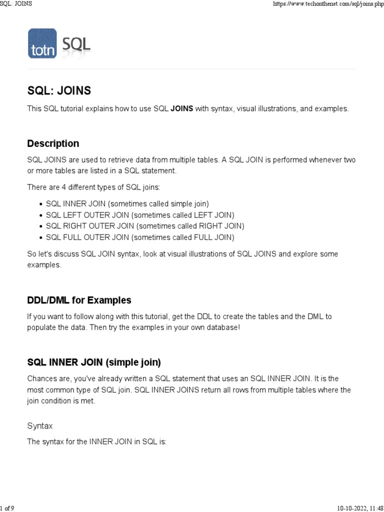 SQL Joins | Download Free PDF | Sql | Table (Database) SQL Joins | Download Free PDF | Sql | Table (Database)