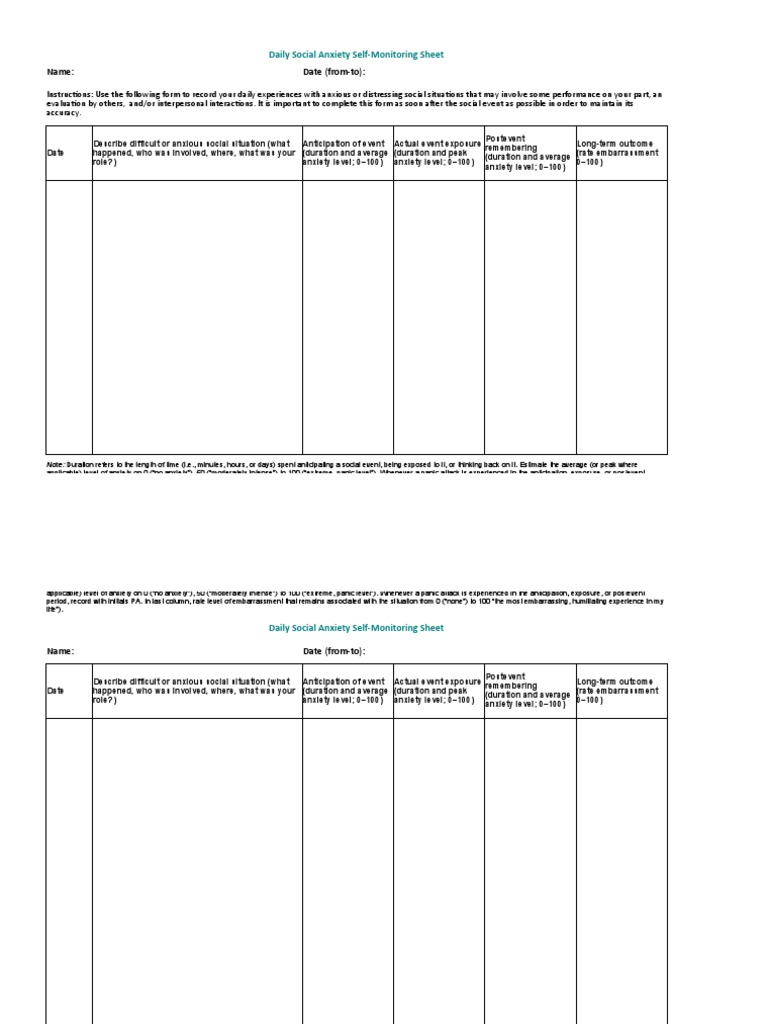 Name: Date (From-To) :: Daily Social Anxiety Self-Monitoring Sheet ...