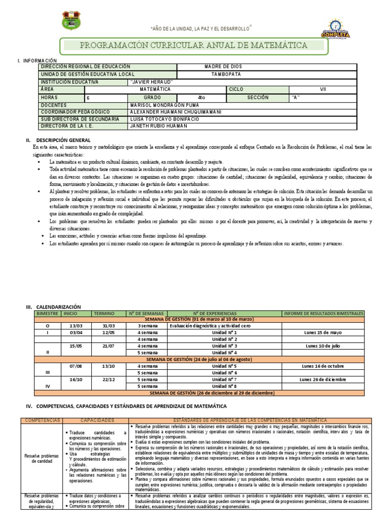 PROGRAMACIÓN ANUAL 4to 2023 JAVIER HERAUD | PDF