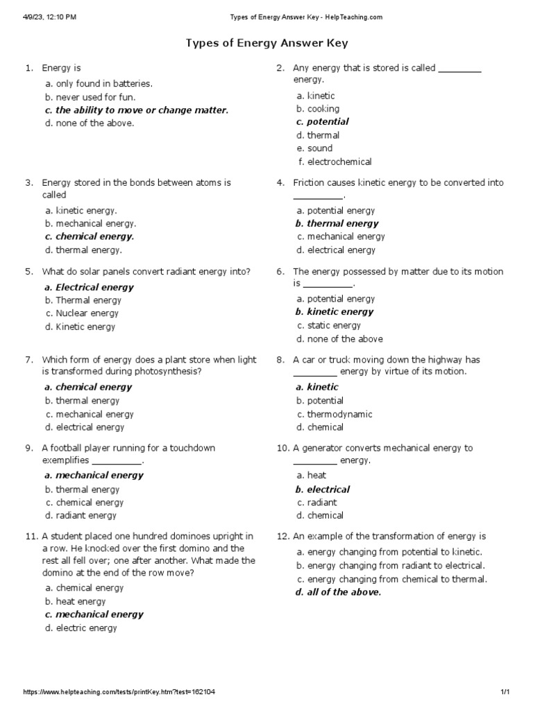 Types of Energy and Transformations Key | PDF | Chemistry | Heat