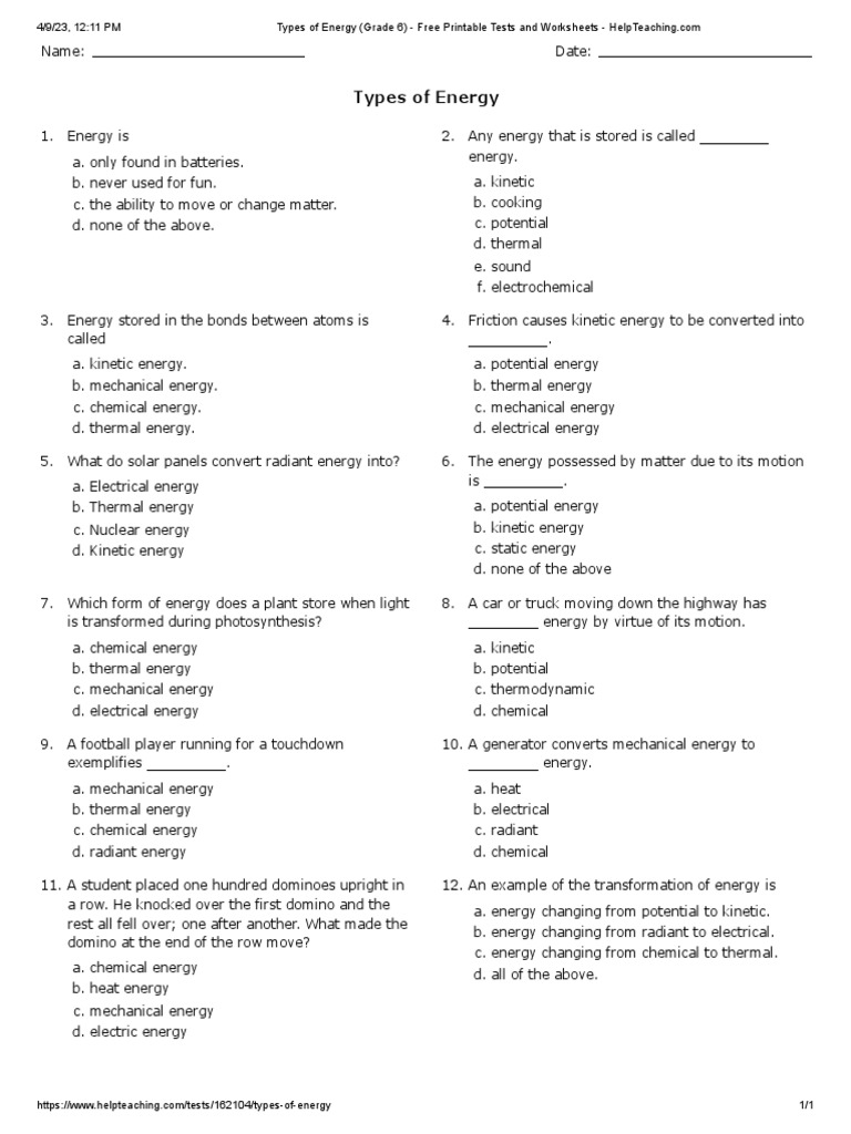 Types of Energy (Grade 6) - Free Printable Tests and Worksheets | PDF ...