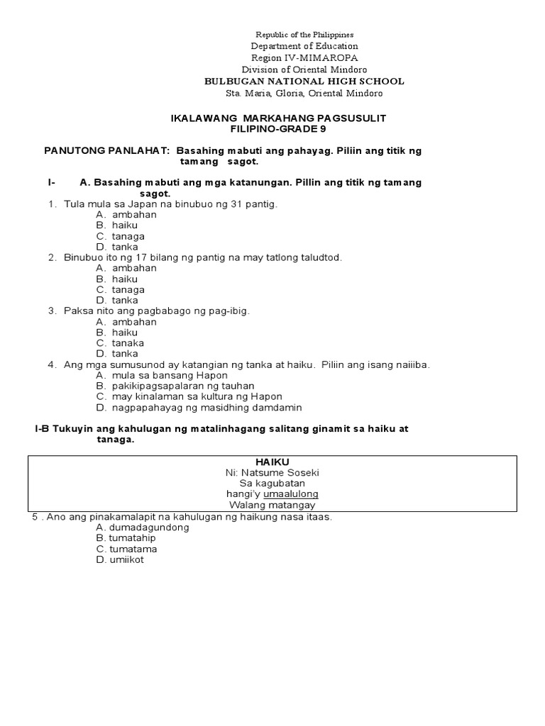 Ikalawang Markahang Pagsusulit Grade 9 | PDF