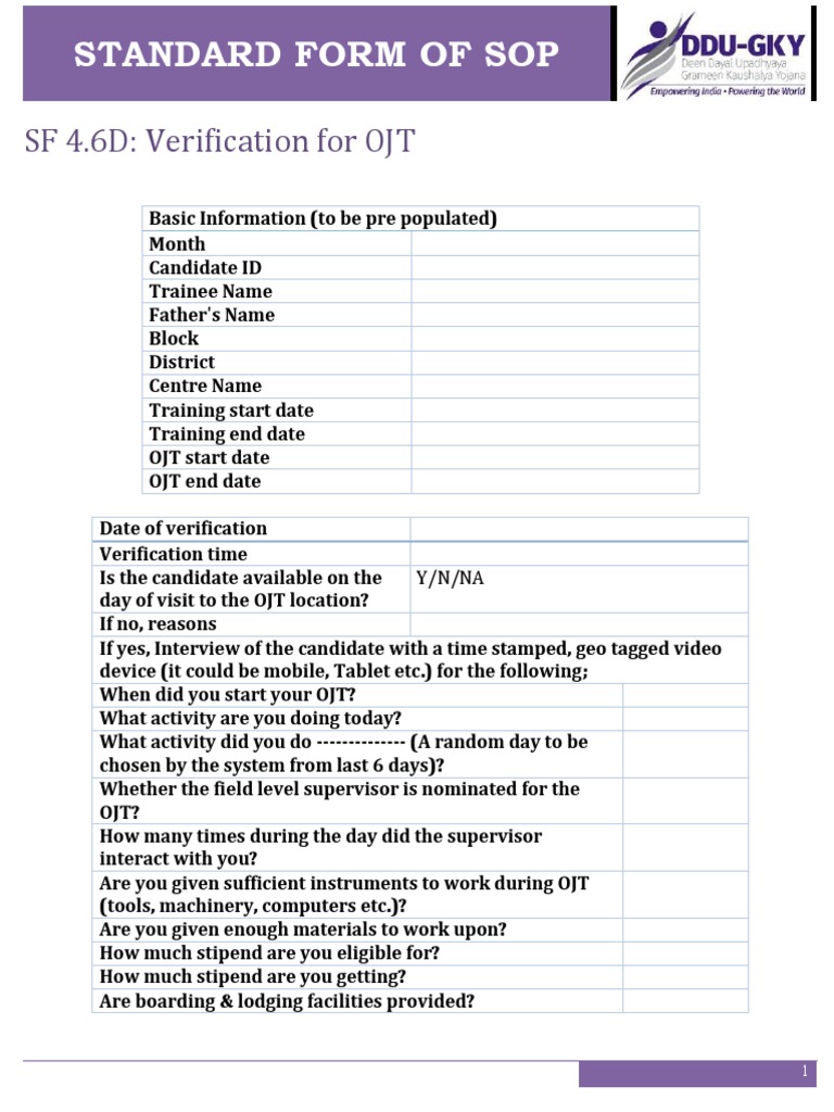 Standard Form of Sop: SF 4.6D: Verification For OJT | PDF