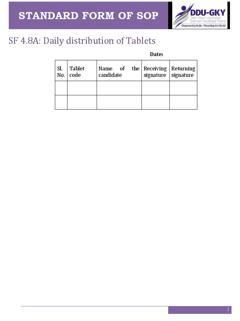 Standard Form of Sop: SF 4.8A: Daily Distribution of Tablets | PDF