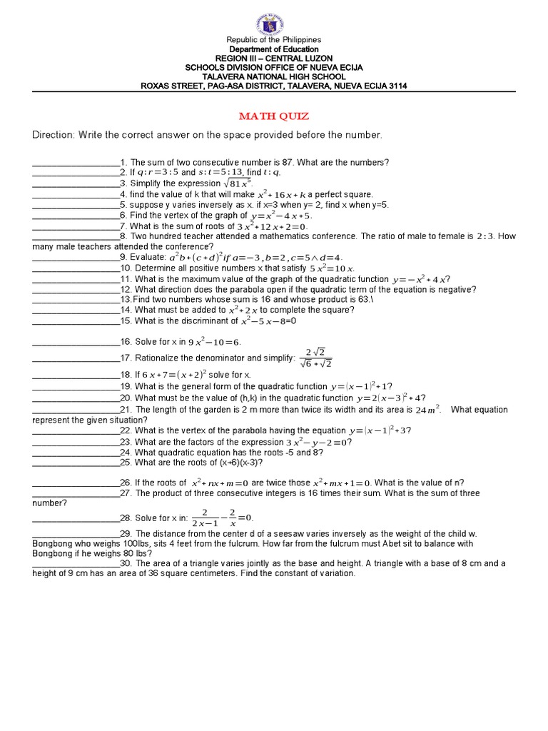 Direction: Write The Correct Answer On The Space Provided Before The Number | PDF | Quadratic ...
