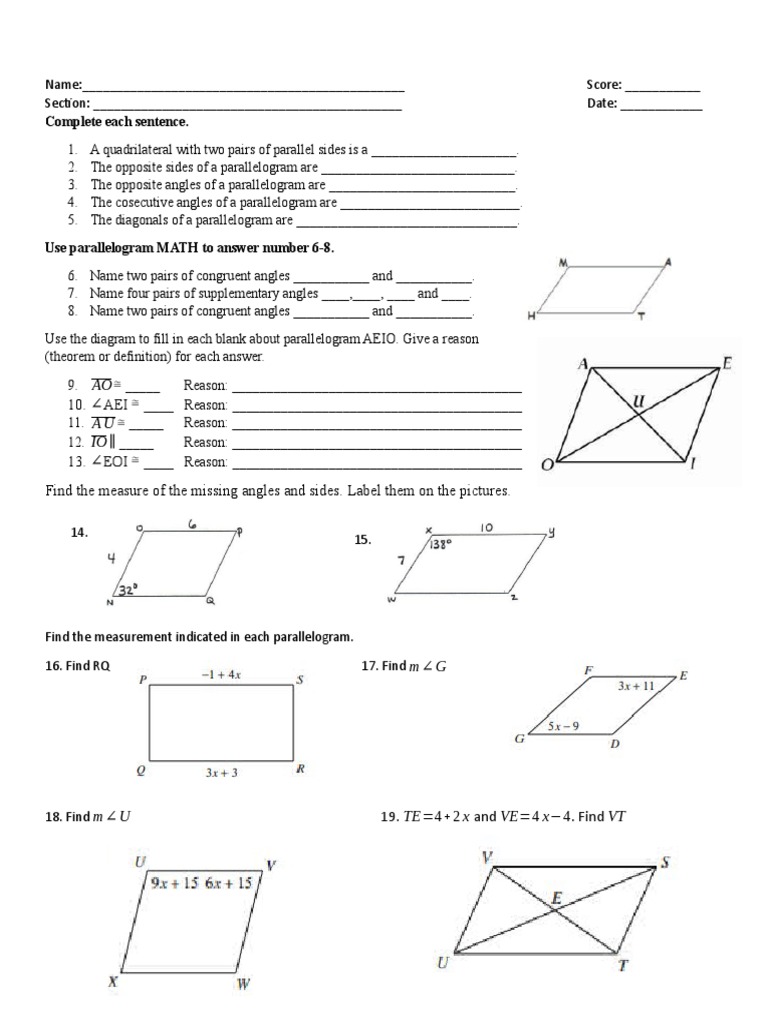 Parallelogram Properties Worksheet Grade 9 | PDF