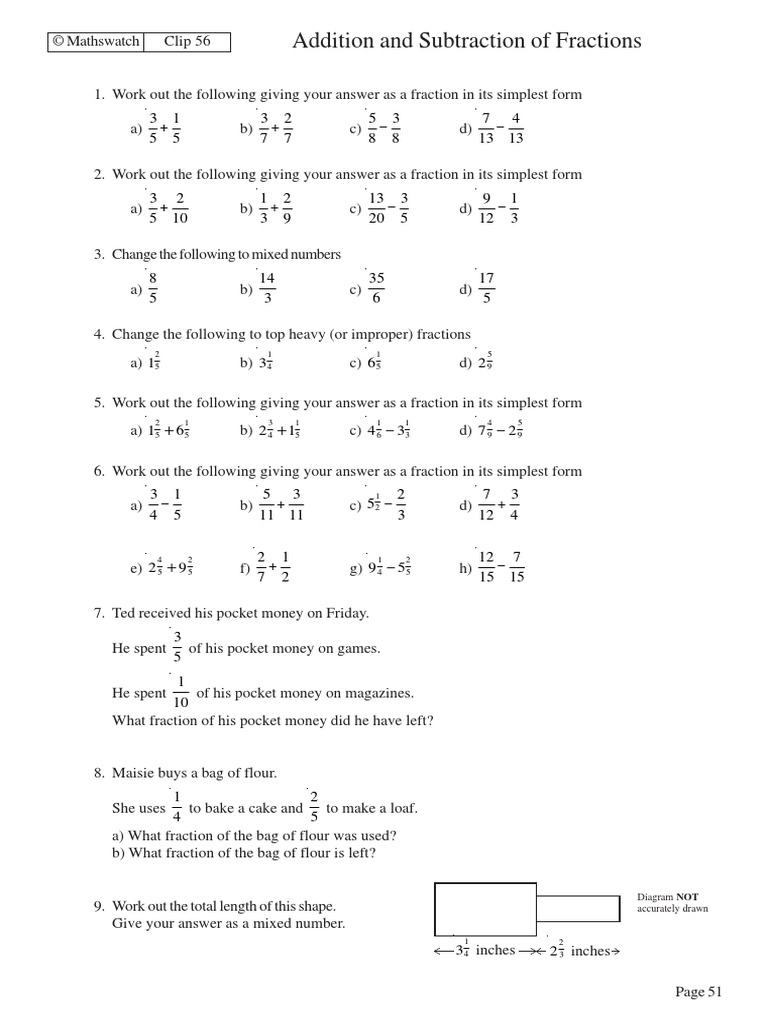 Clip 56 Addition & Subtraction of Fractions | PDF | Mathematical Concepts | Lexicology
