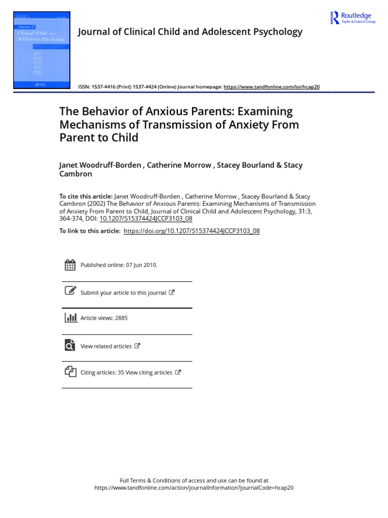 The Behavior of Anxious Parents Examining Mechanisms of Transmission of ...
