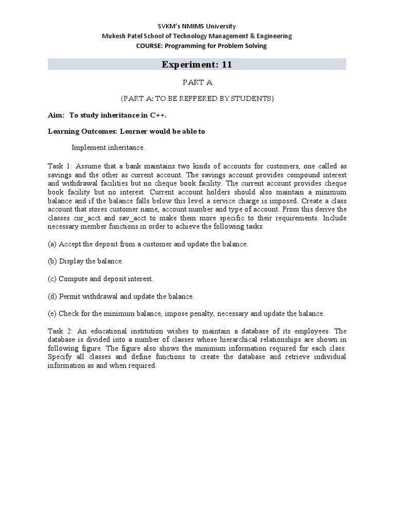 Experiment: 11: Aim: To Study Inheritance in C++. Learning Outcomes: Learner Would Be Able To ...