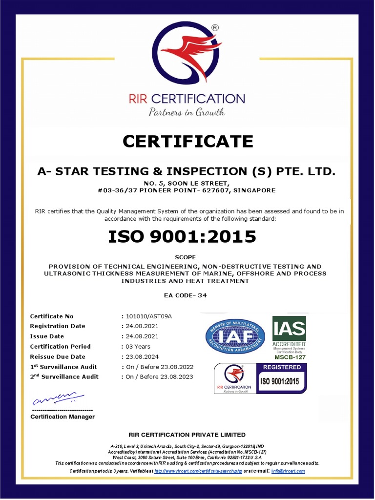 A-Star Testing & Inspection Certification | PDF
