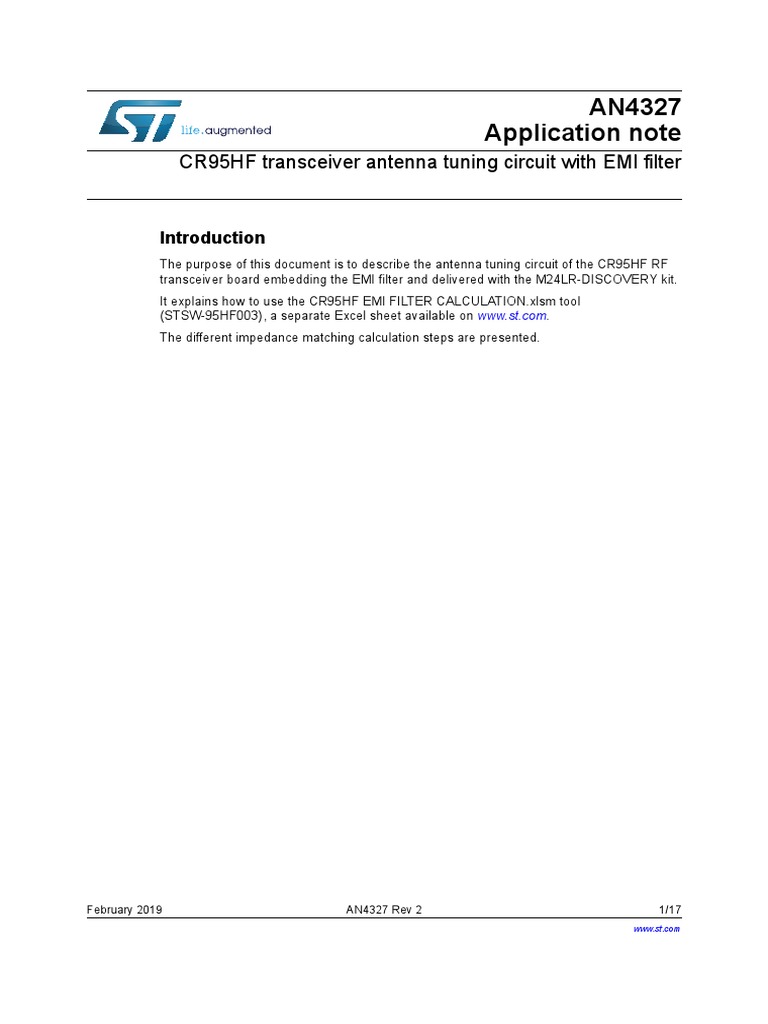 An4327 Cr95hf Transceiver Antenna Tuning Circuit With Emi Filter Stmicroelectronics Pdf