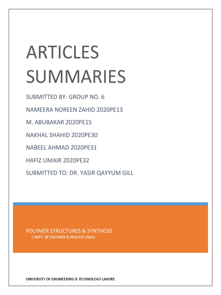 ARTICLE SUMMARIES Nimi | PDF | Poly(Methyl Methacrylate) | Copolymer
