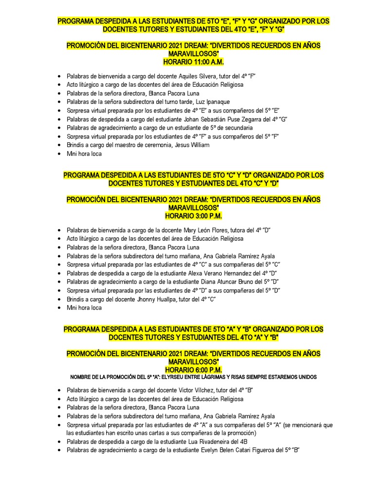 Programa Despedida A 5to | PDF