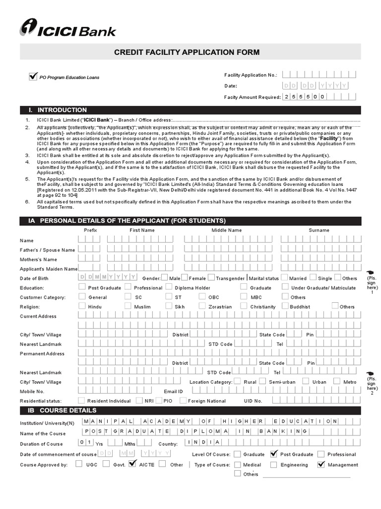ICICI Bank Credit Facility Application Form | PDF | Banks | Cheque