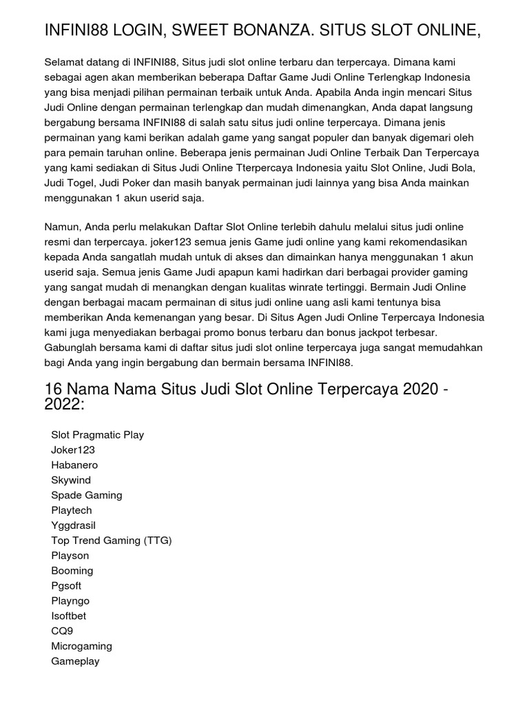 INFINI88 ENGINE SLOT SWEET BONANZA EBET Noits PDF | PDF