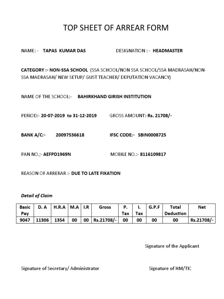 Top Sheet of Arrear Form | PDF
