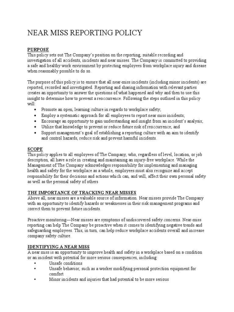 Near Miss Reporting Policy: Purpose | PDF | Occupational Safety And ...