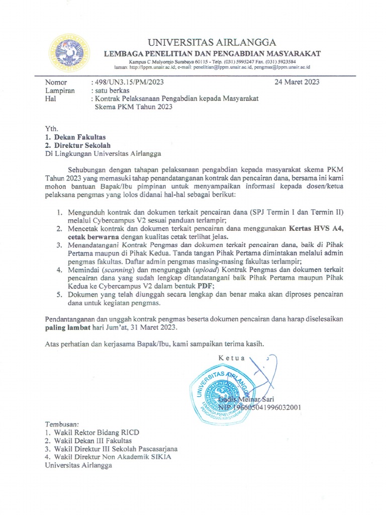 Pengumuman Kontrak Pengmas Skema PKM Tahun 2023 | PDF