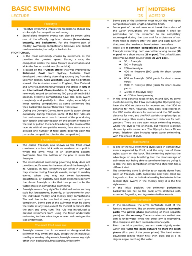 Basic Swimming Midterms Lessons | PDF | Swimming (Sport) | Leisure Activities