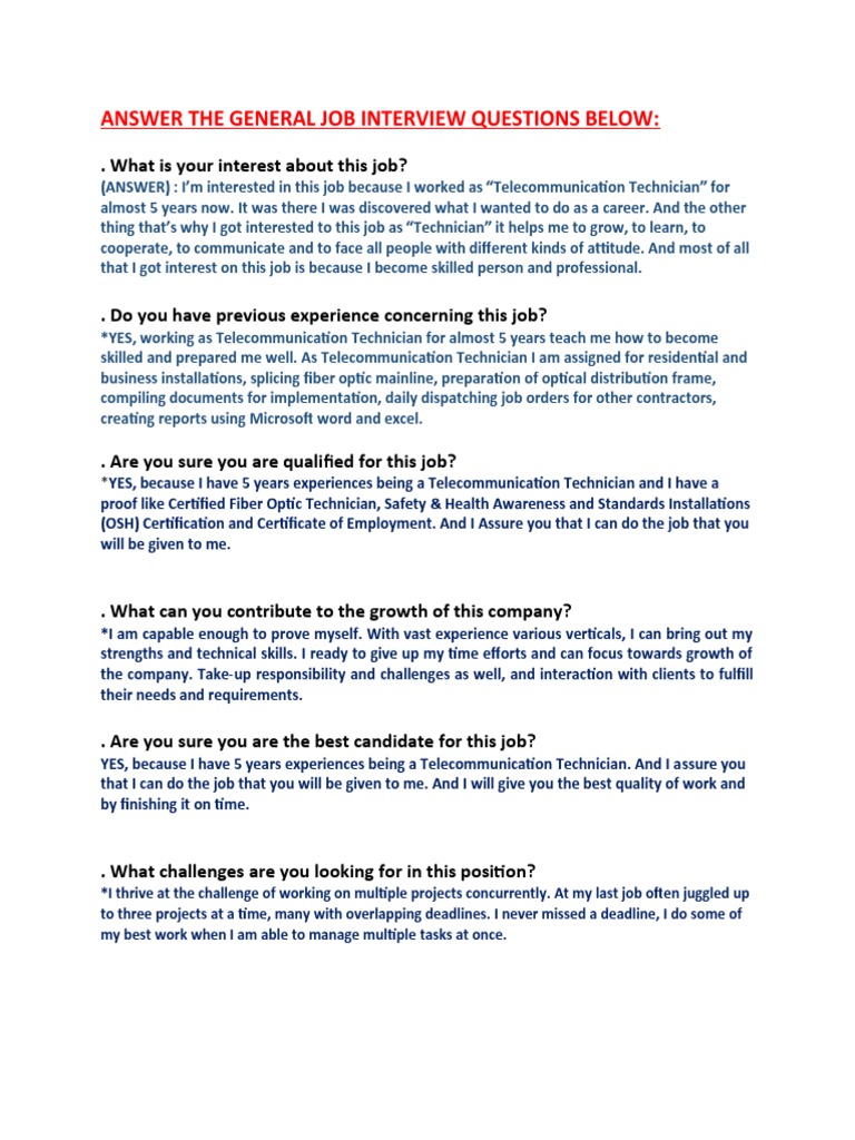 Answer The General Job Interview Questions Below | PDF ...