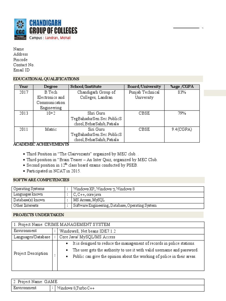 (Template) Resume Format CGC Landran | PDF | Computing | Software