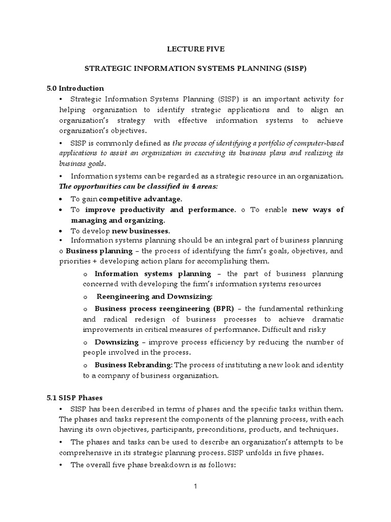 Lecture Five Strategic Information Systems Planning (Sisp) | PDF ...
