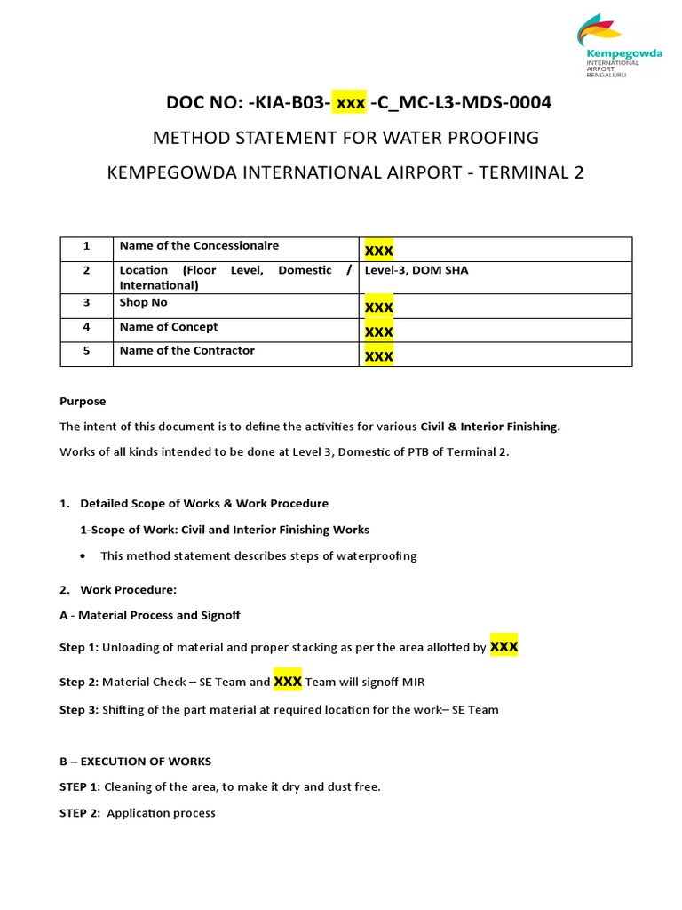 Waterproofing Method Statement for T2 | PDF