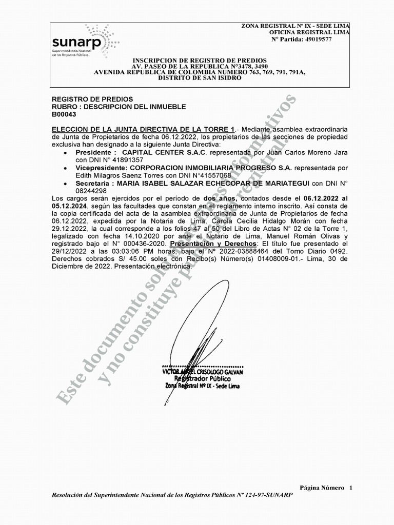 Asiento de Inscripción de La Junta Directiva 2022-2024 | PDF