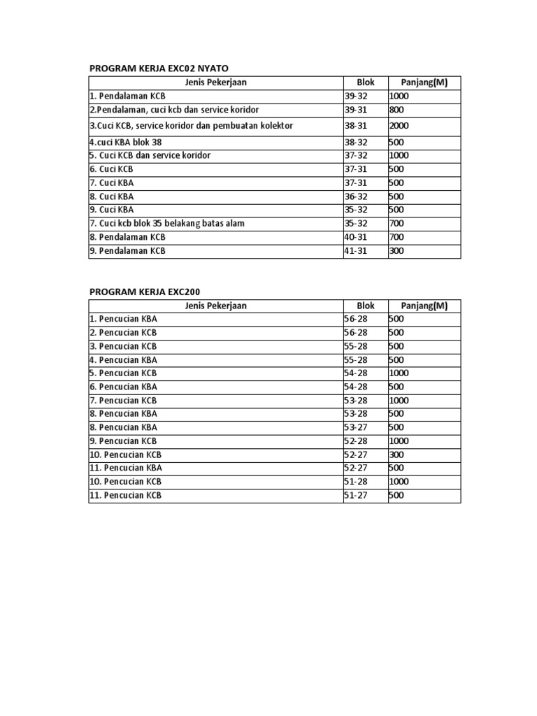 Program Kerja Exc02 Nyato: Jenis Pekerjaan Blok Panjang (M) | PDF