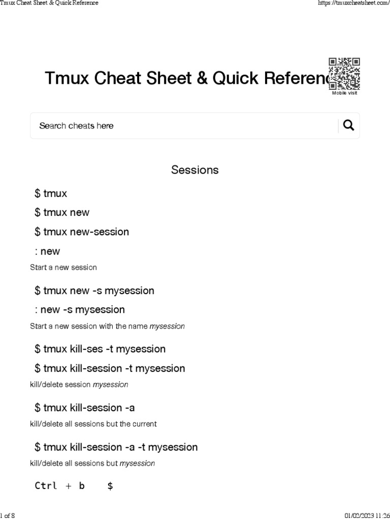 Tmux Cheat Sheet & Quick Reference: Sessions | PDF | Keyboard Shortcut | Cursor (User Interface)