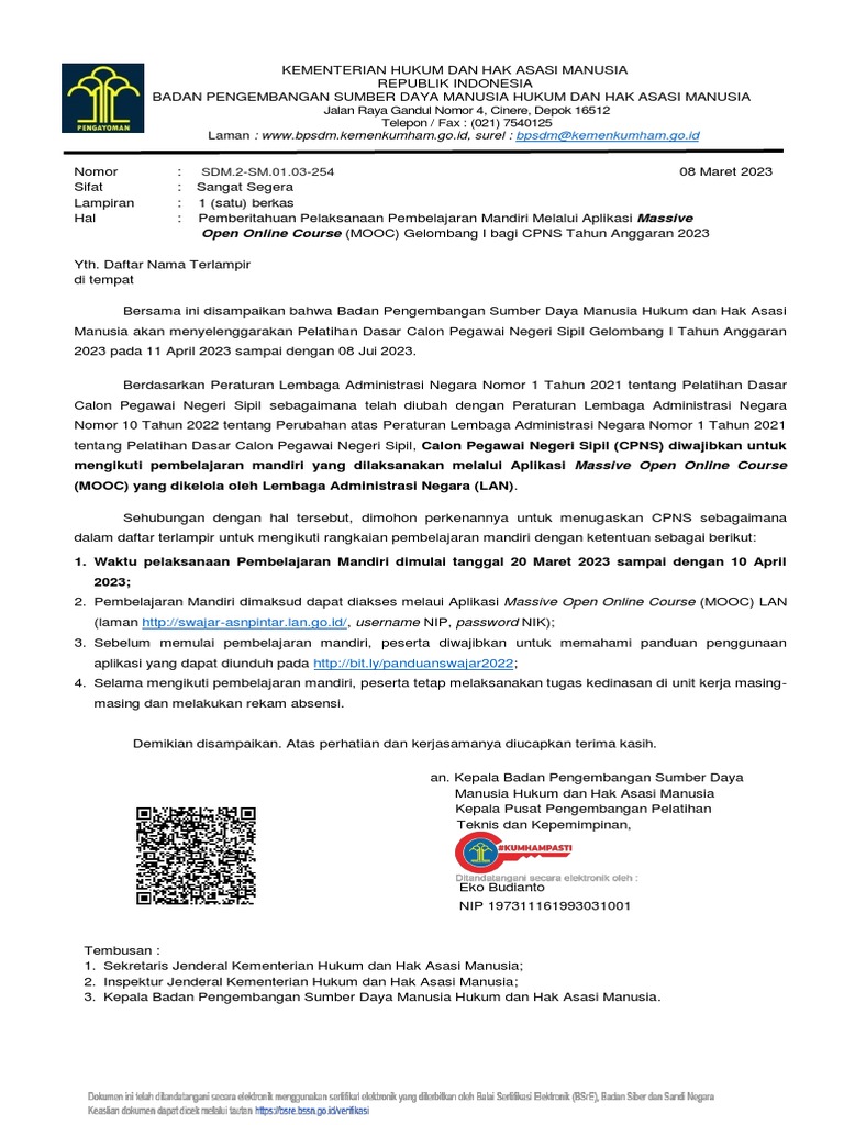 SDM.2-SM.01.03-254: Open Online Course (MOOC) Gelombang I Bagi CPNS Tahun Anggaran 2023 | PDF