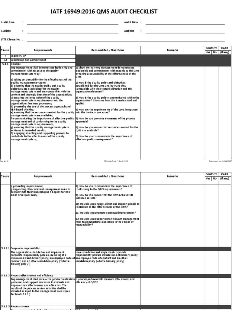 Iatf 16949:2016 Qms Audit Checklist | PDF | Quality Management System ...