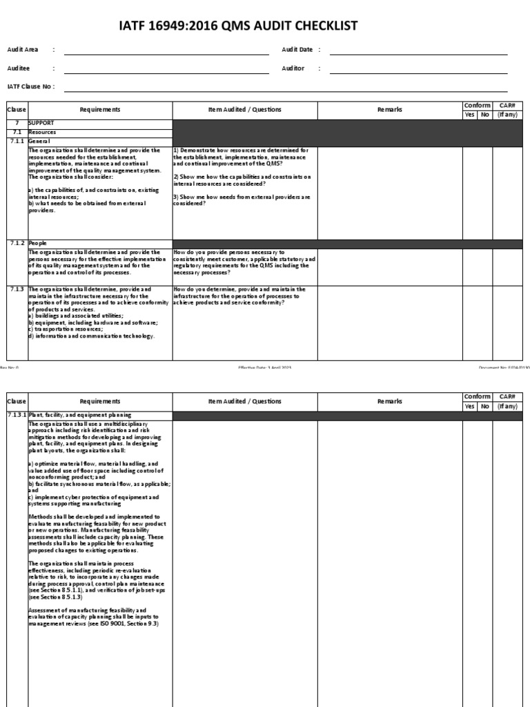 Iatf 16949:2016 Qms Audit Checklist | PDF | Verification And Validation | Calibration