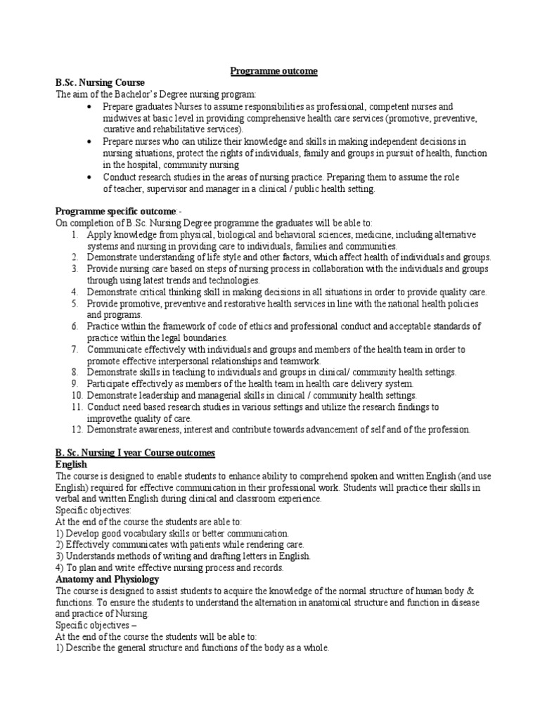Programme Outcome B.Sc. Nursing Course | PDF | Nursing | Psychiatry