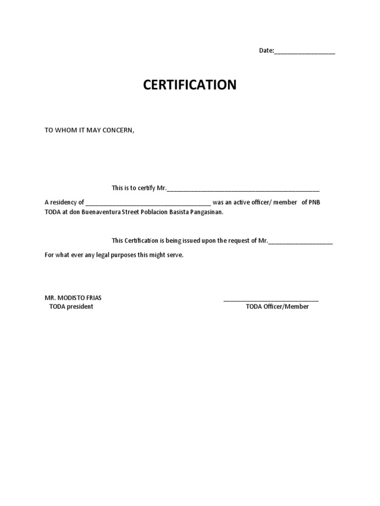 Certification of TODA Membership | PDF