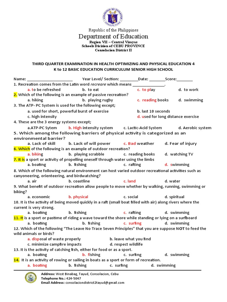 Grade 12 PE 3rd Quarter Exam | PDF | Outdoor Recreation | Stress (Biology)