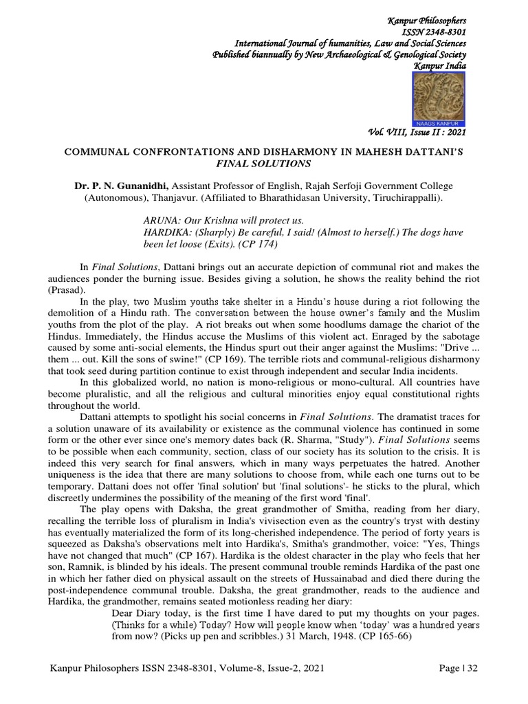 Communal Confrontations and Disharmony in Mahesh Dattani's Final ...